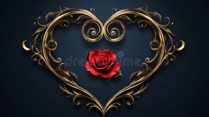 Golden Heart Frame Enclosing a Single Red Rose Stock Illustration ...
