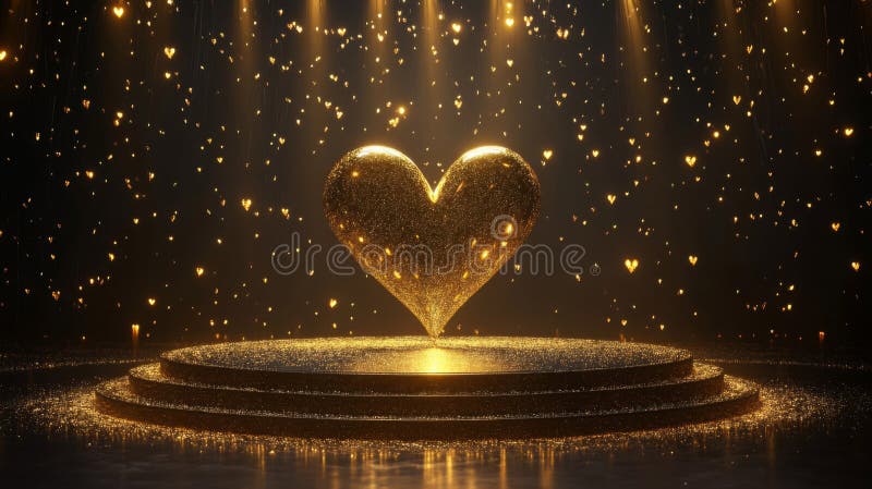 Golden Heart on a Glittering Stage with Falling Hearts Stock ...