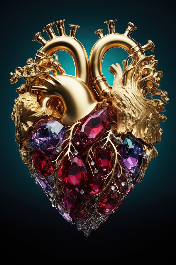 Golden Heart with Precious Stones on a Black Background Stock ...