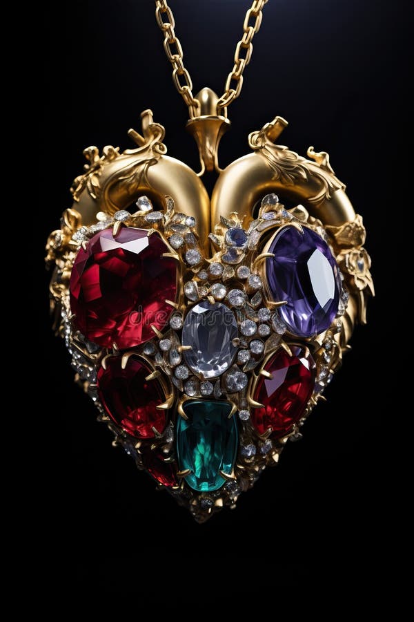 Golden Heart with Precious Stones on a Black Background Stock ...