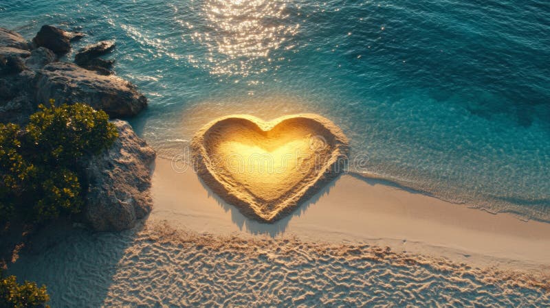 Golden Heart Shape in Beach Sand at Sunset Stock Illustration ...