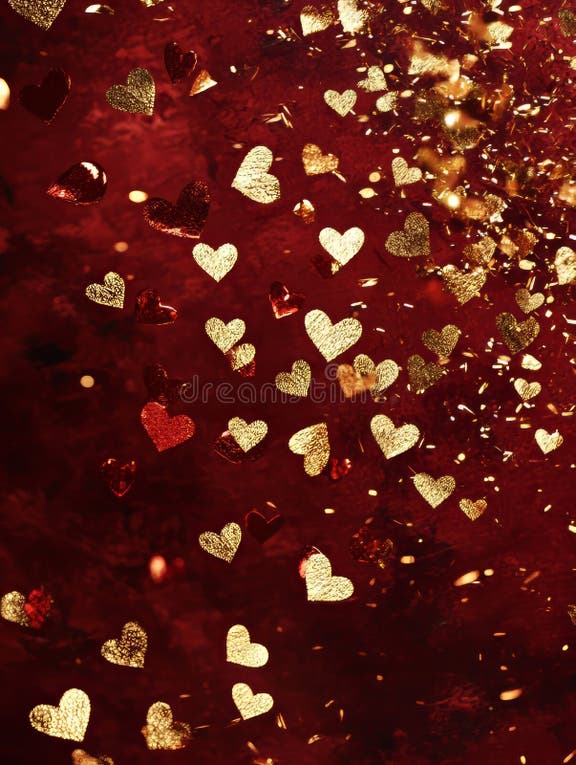 Golden Hearts in an Array of Sizes Set Against a Red Background Create ...