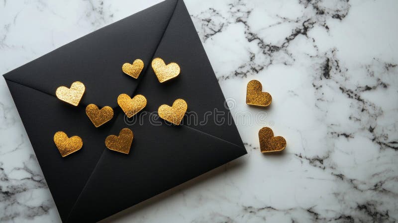 Golden Hearts on Black Envelope Atop Marble Stock Illustration ...