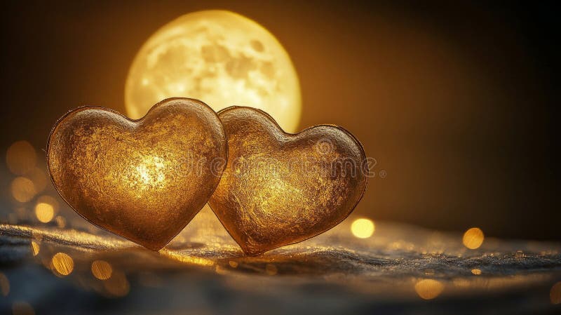 Golden Hearts Under a Full Moon S Glow Stock Illustration ...