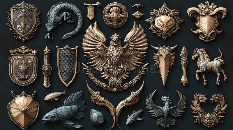 Golden Heraldic Emblems Creatures, Dark Background, Design Resource ...