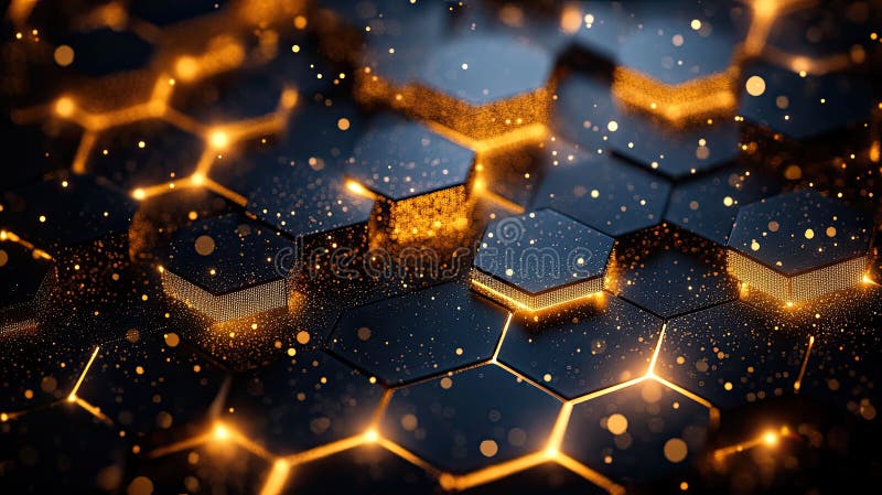 Abstract Hexagonal Network with Golden Lights Stock Illustration ...