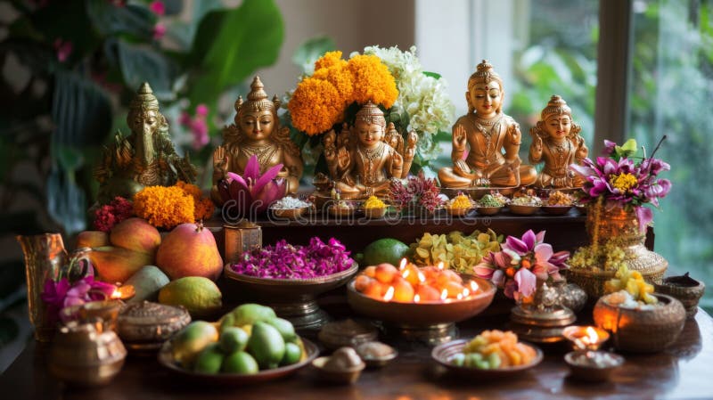 Golden Hindu Deities Shrine Adorned with Flowers and Fruit Stock ...