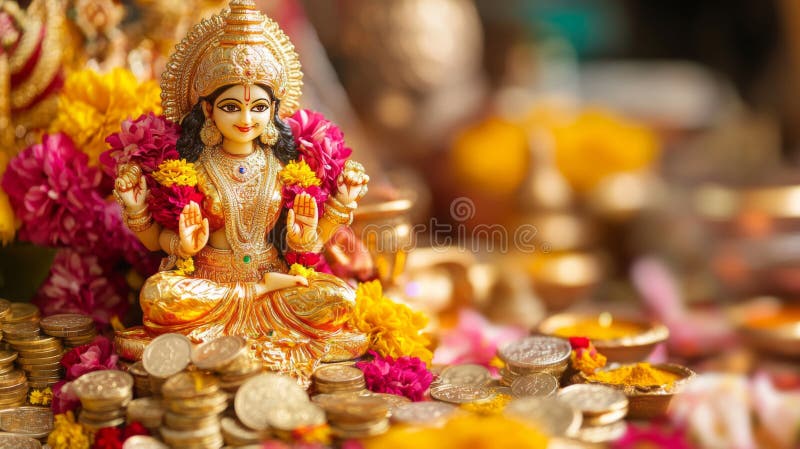 Golden Hindu Deity Statue Surrounded by Coins and Flowers Stock ...