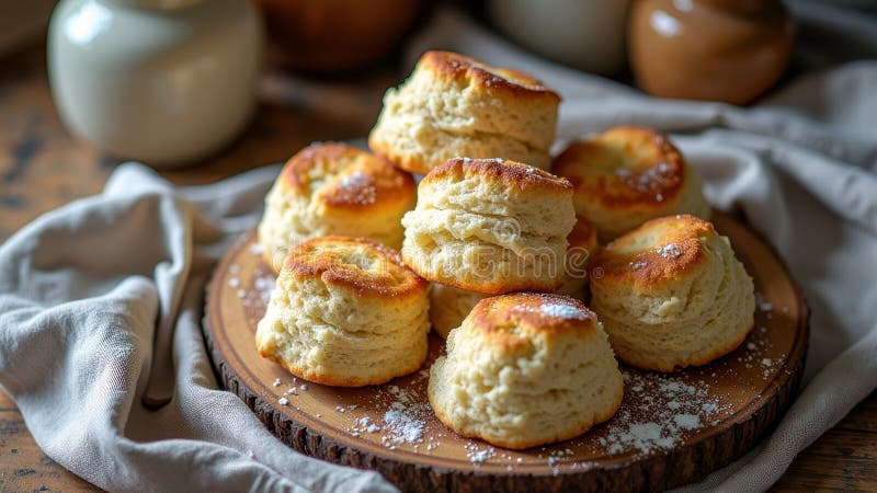 Golden Homemade Biscuits on Rustic Wooden Plate with Flour Dusting ...