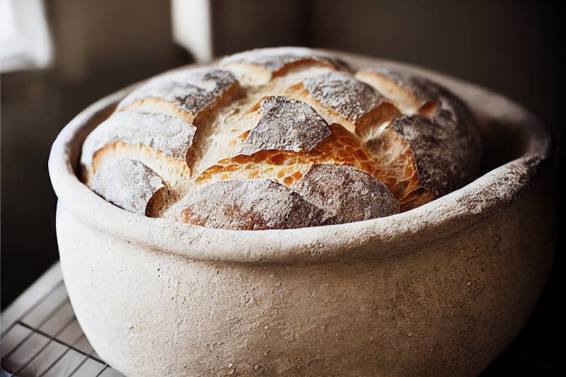 Golden Homemade Sourdough Bread in Clay Baking Form Stock Illustration ...