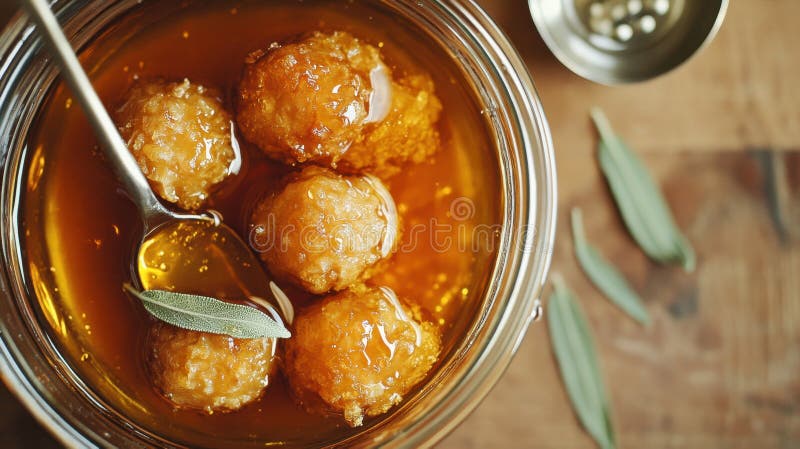 Golden Honey Balls with Sage: Sweet Delights in Rustic Setting Stock ...