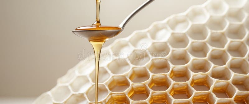 Golden Honey Being Drizzled from a Spoon Onto a Honeycomb Structure ...