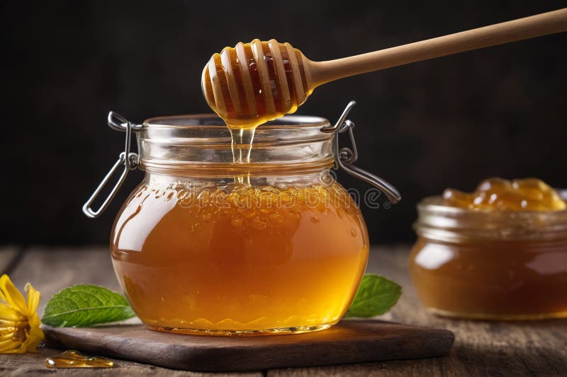 Golden Honey with Dipper Food Composition Stock Illustration ...