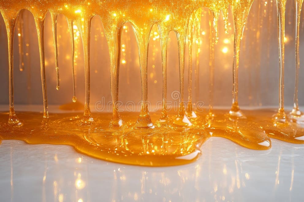 Golden Honey Dripping and Forming a Puddle on White Surface with Bokeh ...