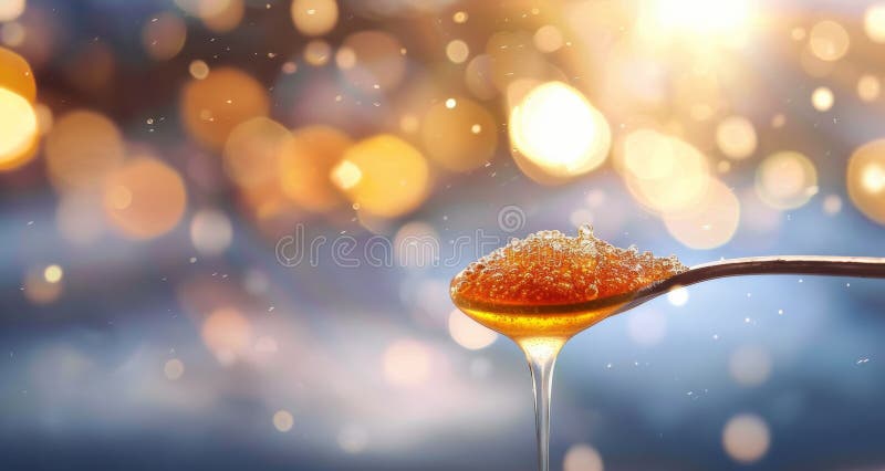 Golden Honey Dripping from a Spoon with Sparkling Dust in Soft Natural ...