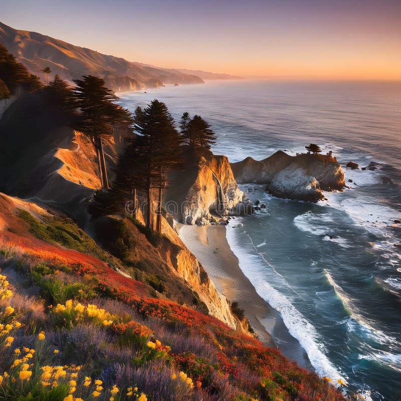 Golden Horizons: Sunset Over the Cliffs of Big Sur Stock Illustration ...