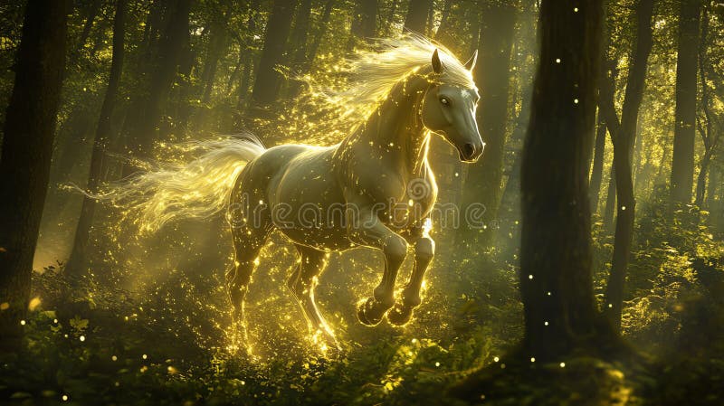 Golden Horse Galloping through a Magical Forest Setting Stock ...