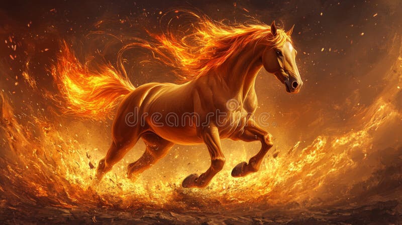 Golden Horse Running through Fiery Flames Stock Illustration ...