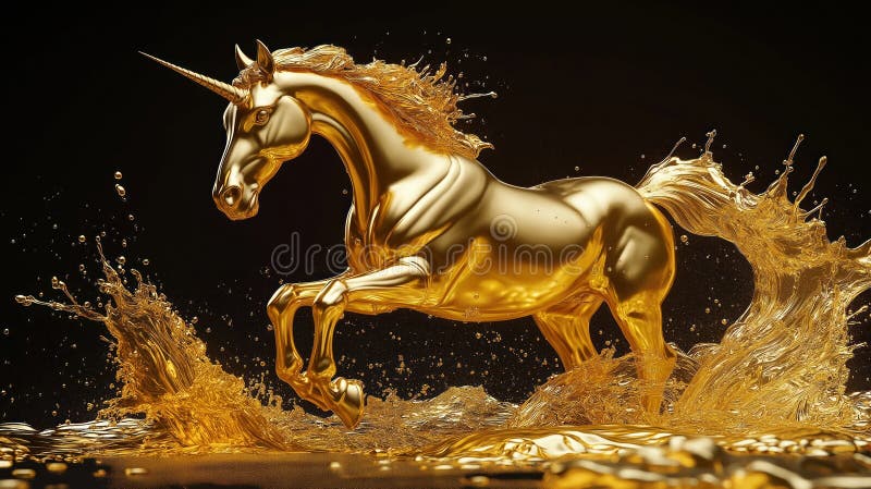 Golden Horse Sculpture Splashes through Liquid Gold. Dynamic Motion ...