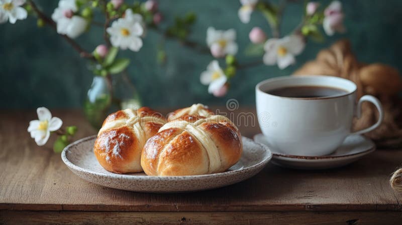 Golden Hot Cross Buns and Coffee with Spring Blossoms Stock ...