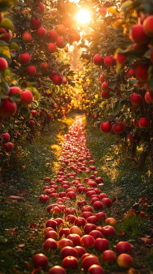 Golden Hour in the Apple Orchard, a Realistic Image of Apples Falling ...
