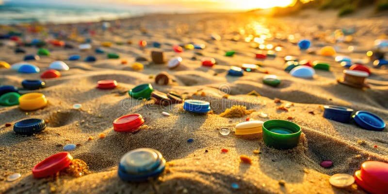 Golden Hour Beach Pollution Colorful Plastic Caps Littering Sandy Shore ...