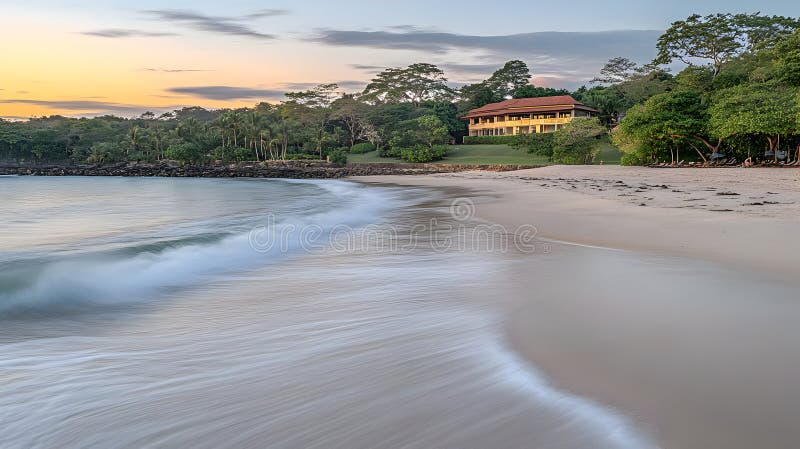 Golden Hour Beach Scene with Tropical House Stock Illustration ...