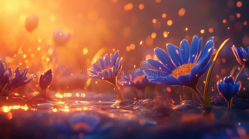 Golden Hour Bloom: Blue Flowers Bathed in Sunset Light with Sparkling ...