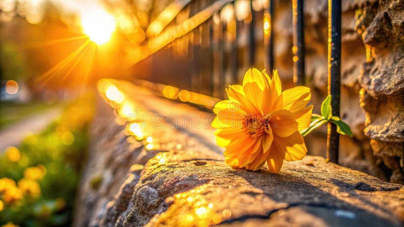 Golden Hour Bloom on Stone Wall at Sunset. Generative AI Stock ...