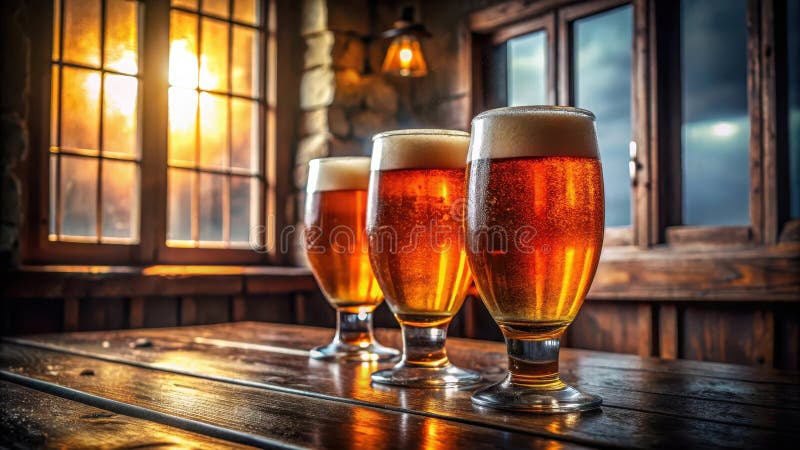 Golden Hour Brewery Three Glasses of Refreshing Ale on Rustic Wooden ...