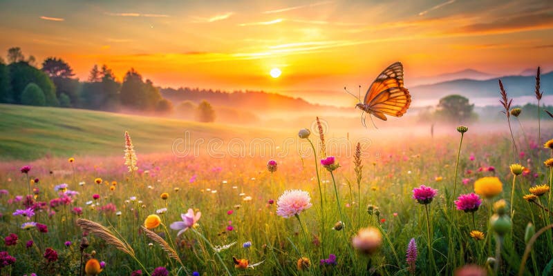 Golden Hour Butterfly in a Vibrant Wildflower Meadow. Generative AI ...