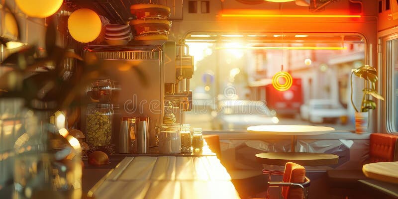Golden Hour Cafe, Coffee Shop with Sunset Views Stock Illustration ...