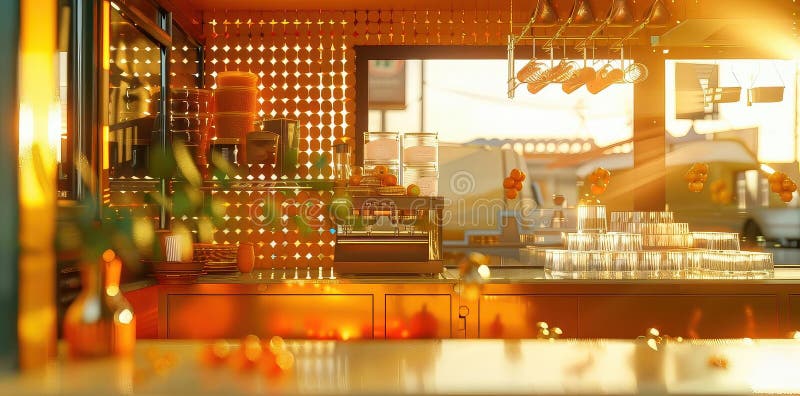 Golden Hour Cafe, Orange Juice Bar with Sunset View Stock Illustration ...