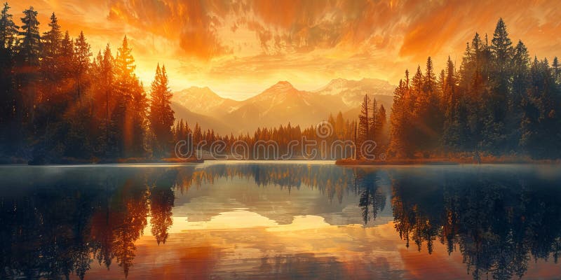 Golden Hour on a Calm Mountain Lake with Perfect Reflection Stock Image ...