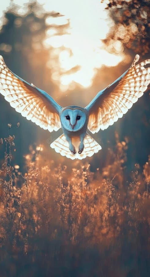 The Golden Hour Captures a Barn Owl in Flight Over a Field with ...