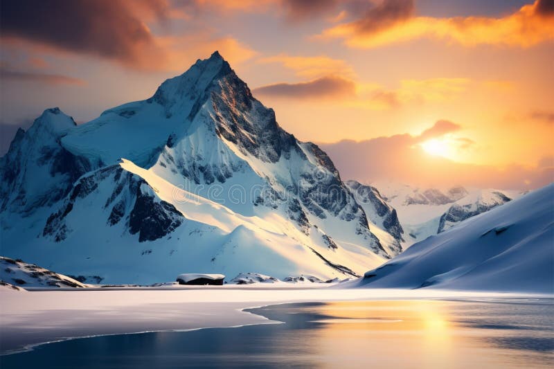 Golden Hour Casts a Serene Glow on the Snow Covered Mountain Panorama ...