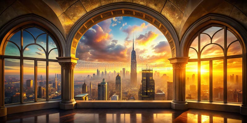 Golden Hour Cityscape a Panoramic Window View of a Vibrant Metropolis ...