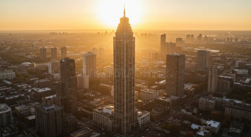 Golden Hour Cityscape: Tall Skyscraper at Sunset Stock Illustration ...