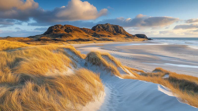 Golden Hour Coastal Landscape with Sand Dunes and Rocks Stock ...