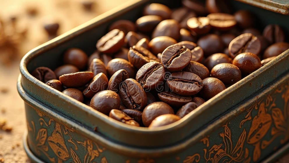 Golden Hour Coffee Beans in Vintage Tin on Rustic Surface Stock ...