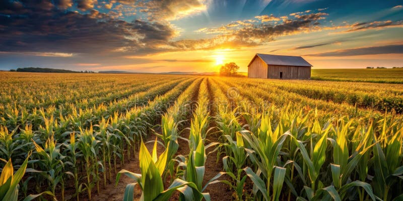 Golden Hour Cornfield with Rustic Barn at Sunset. Generative AI Stock ...