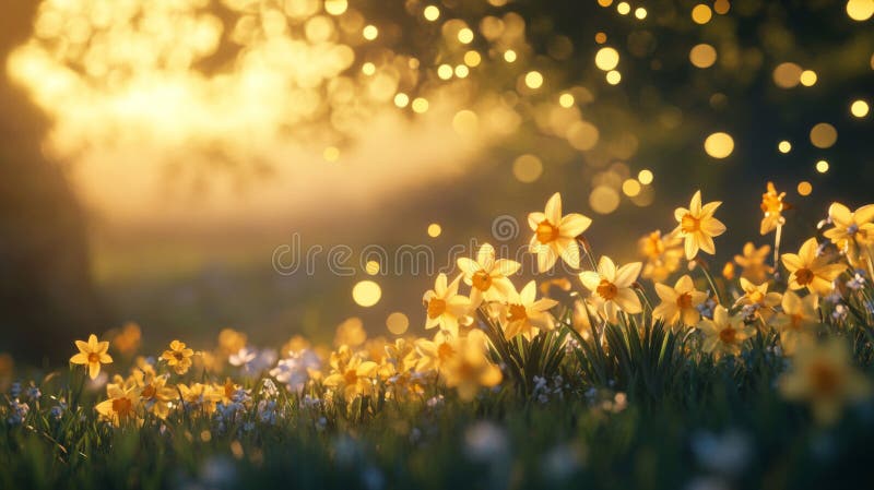 Golden Hour Daffodils in a Spring Meadow Stock Illustration ...