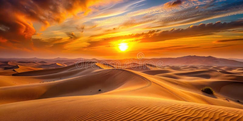 Golden Hour Desert Dunescape Sun Setting Over Rolling Sands. Generative ...