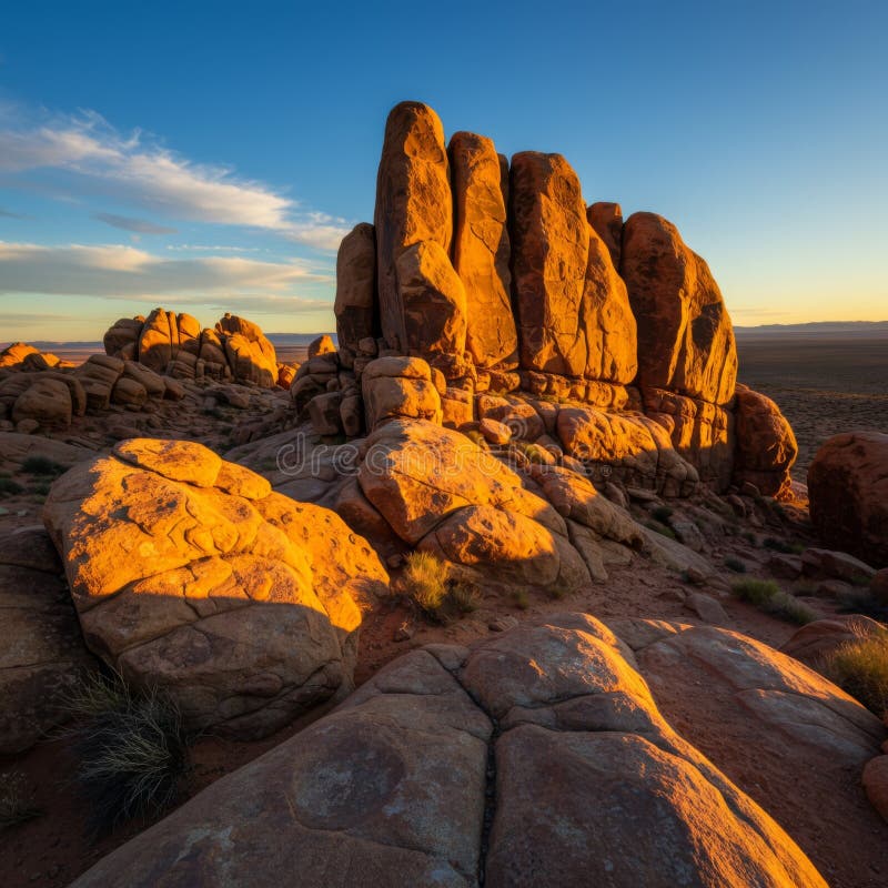 Golden Hour Desert Rock Formation Landscape Stock Illustration - Illustration of clouds, outdoor ...