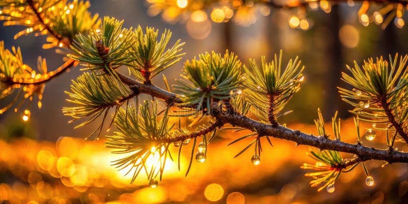 Golden Hour Dewdrops on Pine Needles, Illuminated by the Warm Sunset ...
