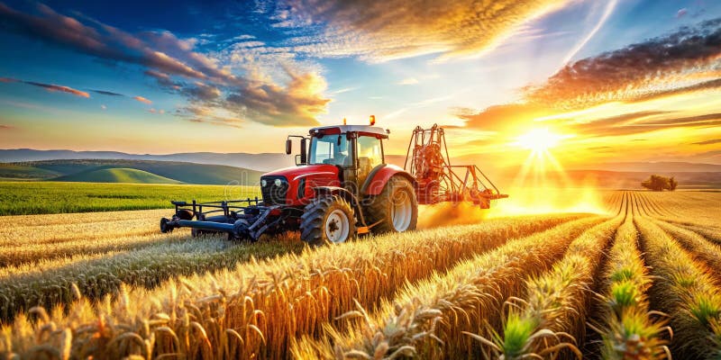 Golden Hour Double Exposure a Stunning Visual of a Tractor Spraying ...