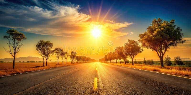 Golden Hour Drive a Scenic Asphalt Road at Sunset with Silhouetted ...