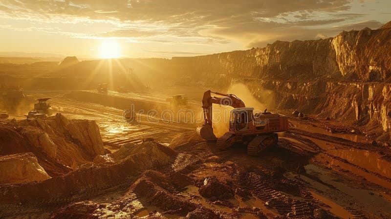 Golden Hour at an Expansive Mining Site with Machinery. Stock Photo ...