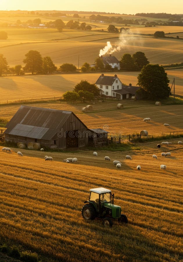 Golden Hour Farm Scene with Tractor and Sheep Stock Illustration ...