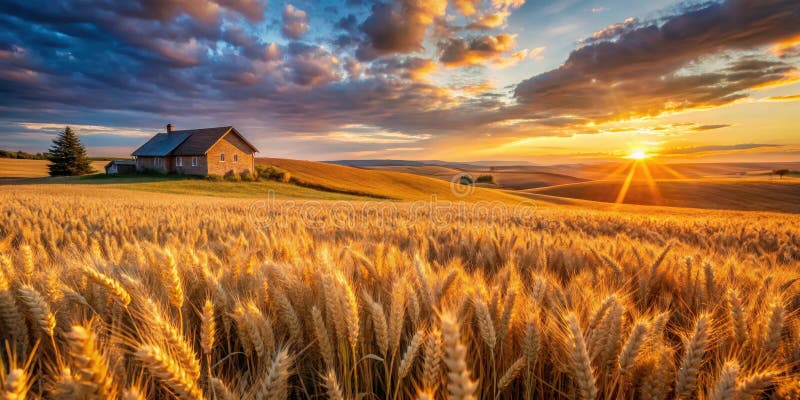 Golden Hour Farmhouse in a Wheat Field at Sunset. Generative AI Stock ...